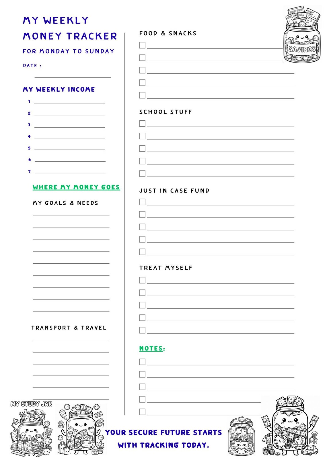 Weekly Money Tracker Printable, Financial Goal Worksheet (PDF File A4 ...