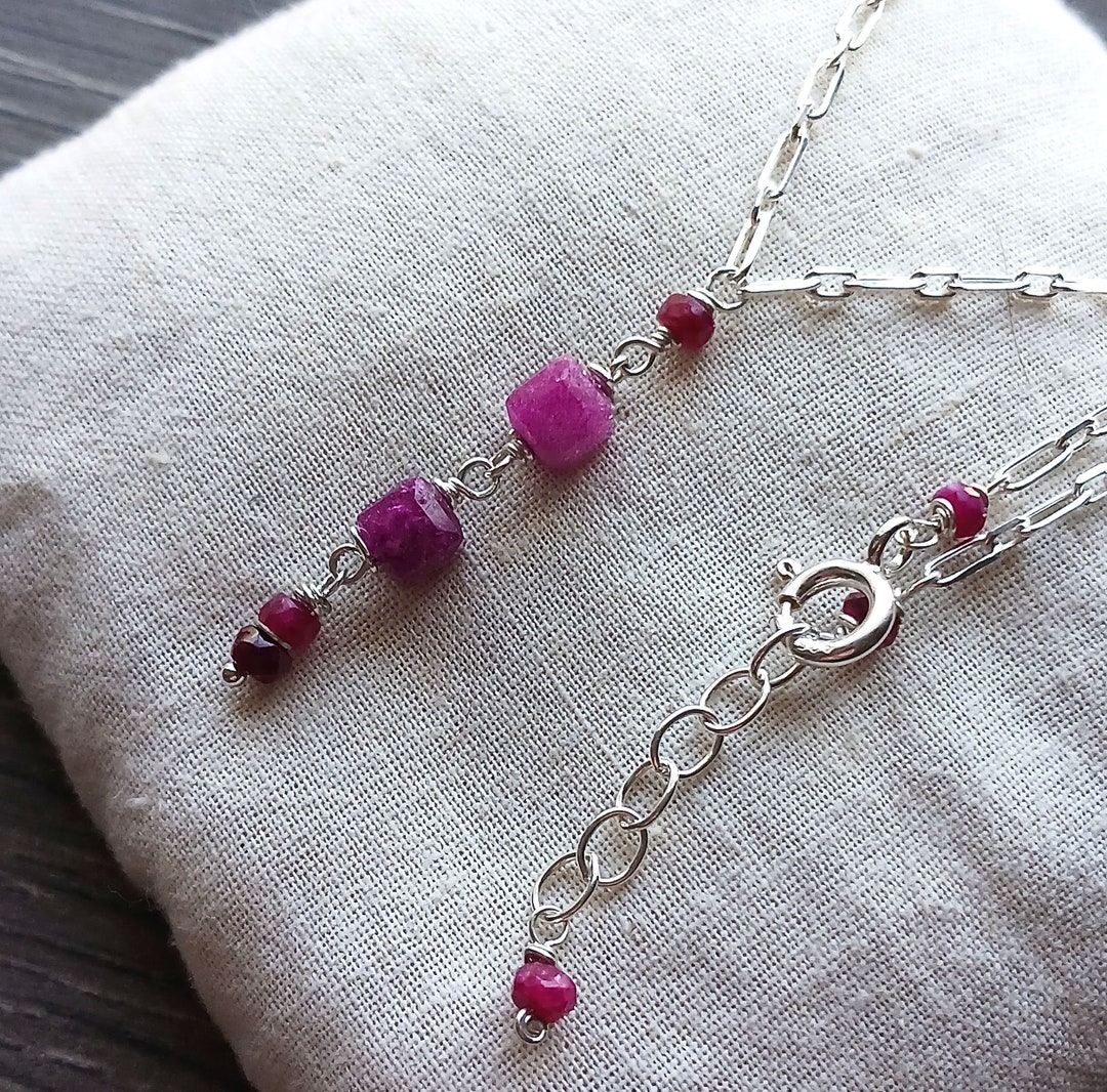 Natural Ruby Necklace in Sterling Silver, Raspberry Red Gemstone Cube ...
