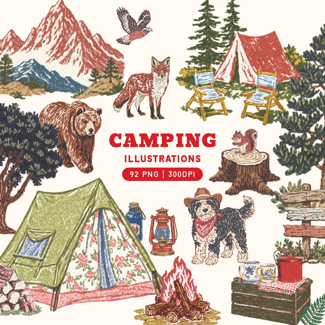 Vintage Camping Clipart Bundle, Retro Woodland Adventure PNG Graphics ...