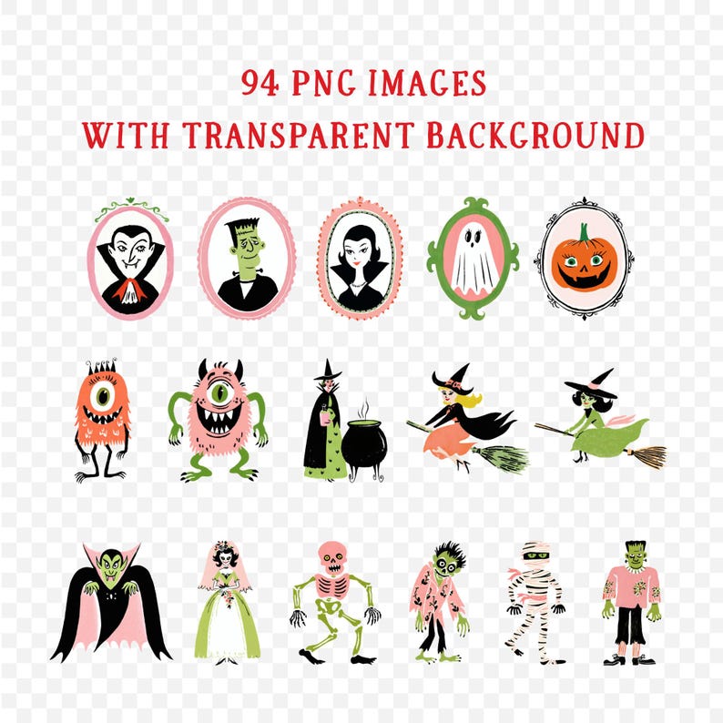Retro Spooky Halloween Clipart: 1950s Witch, Ghost, Skeleton, Pumpkin ...