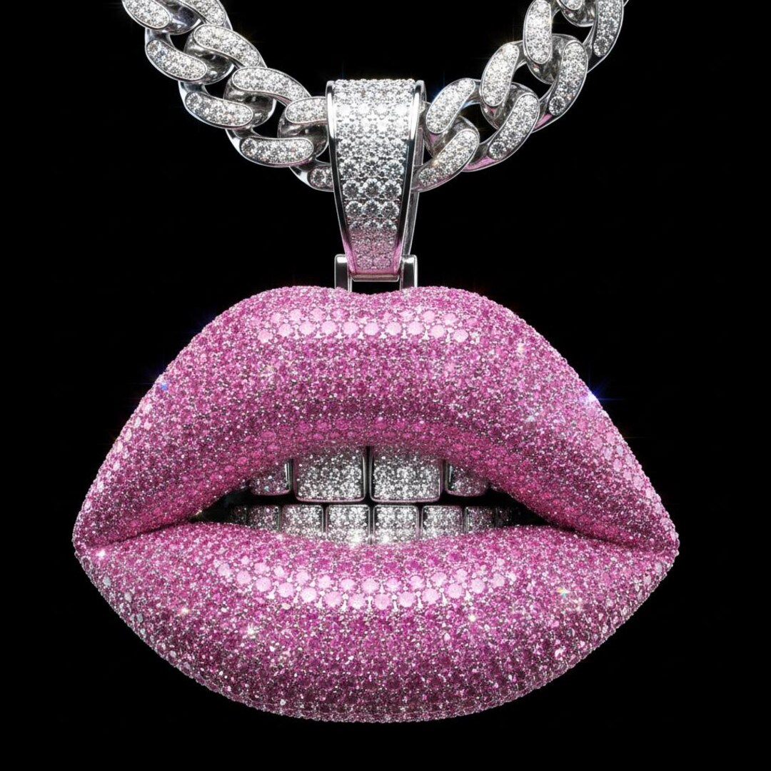 Iced Out Lips Pendant, Sterling Silver Simulated Diamond, Hip Hop ...
