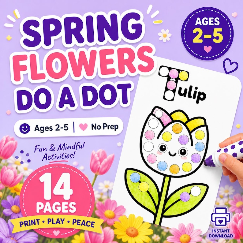 Spring Flowers Dot Marker Coloring Pages, Preschool Toddler Dot Sticker ...