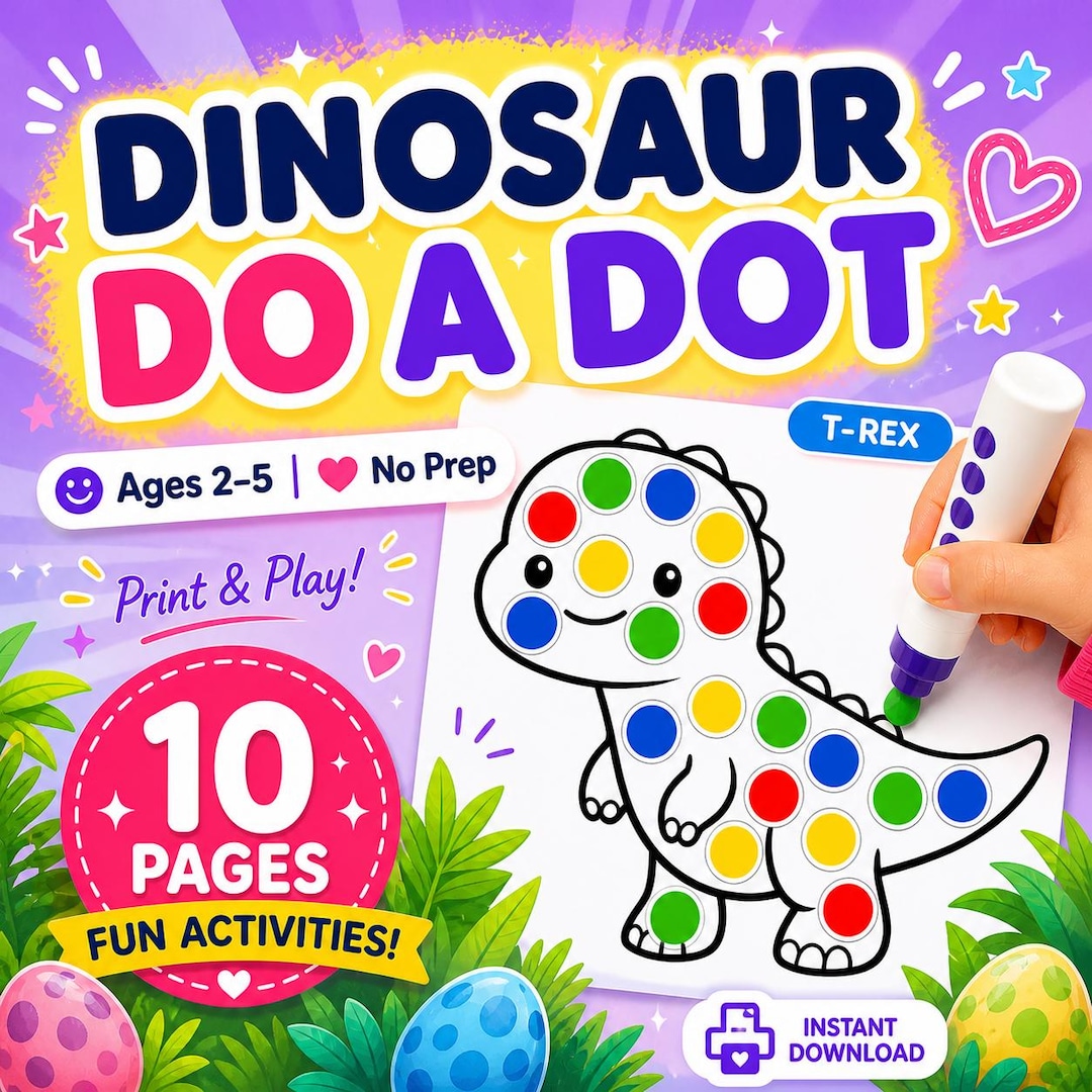 Dinosaurs Dot Marker Coloring Pages, Dot Activity: 10 Fun Printable ...