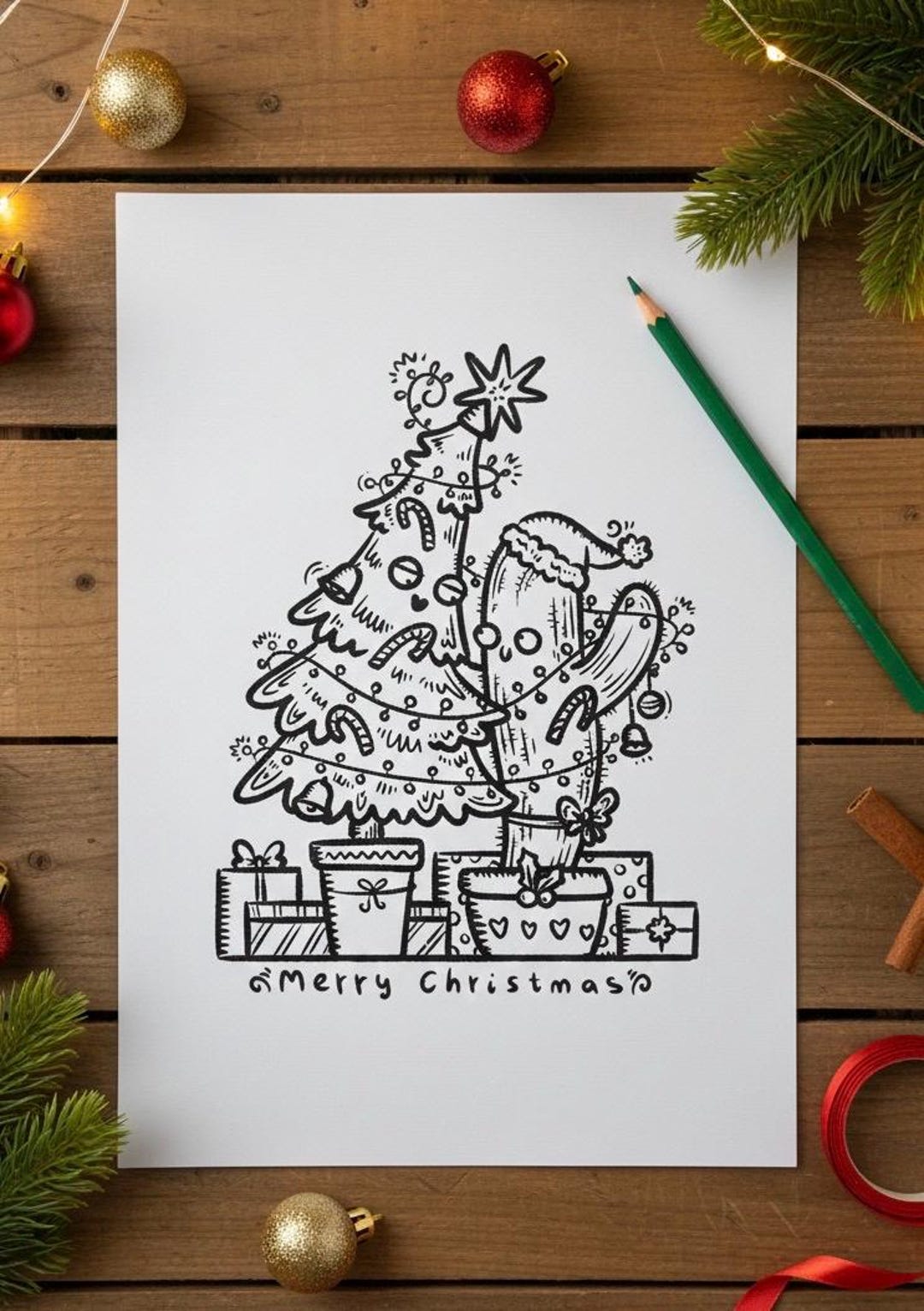 Cozy Hand-drawn Christmas Coloring Page | Tree & Cactus Holiday Doodle ...