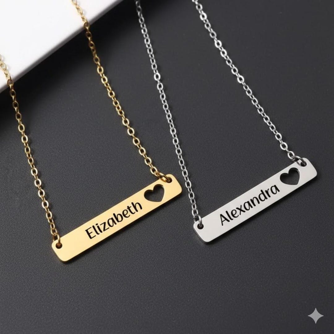 Personalized Engrave Name Date Love Text Cutout Heart Bar Necklace ...