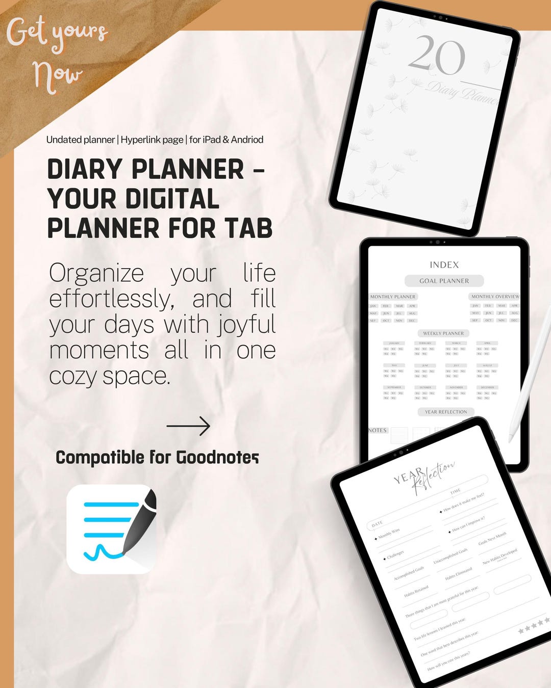 Undated Minimalist Template Digital iPad Diary Planner Journal Portrait ...