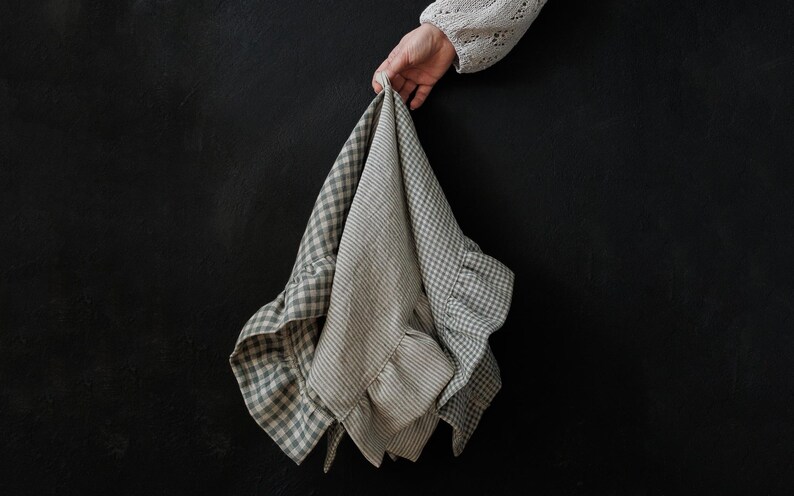 Green Natural Linen Kitchen Towels Set of 3, Ruffled Tea Cloths ...