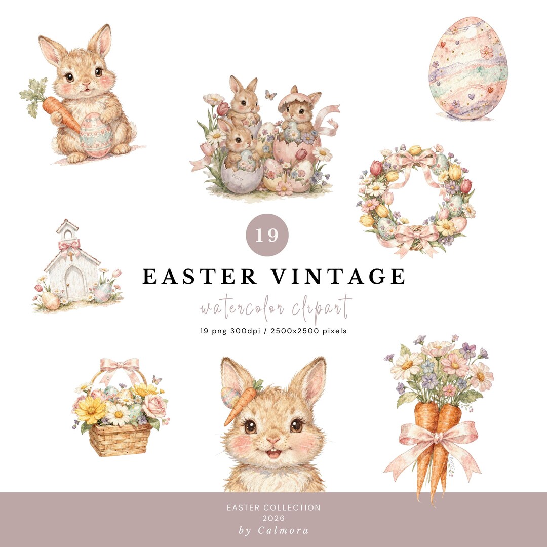 Watercolor Easter Clipart | Bunny, Lamb, Eggs, Flowers (PNG Set, 300 ...