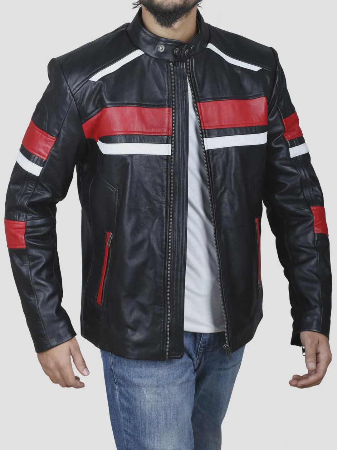 Daryl Men’s Red & White Striped Retro Cafe Racer Leather Jacket ...