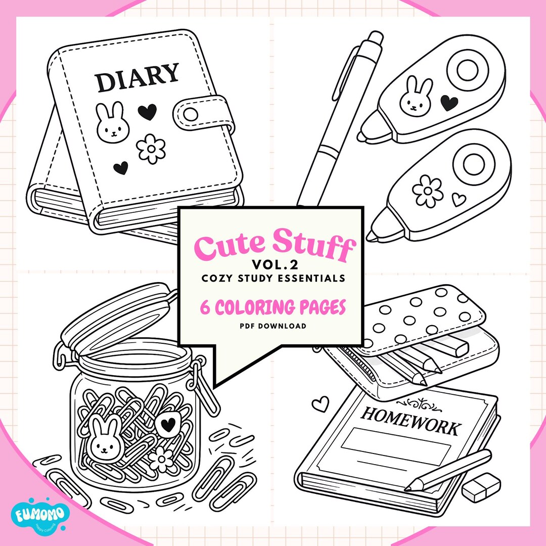 Cozy Study Essentials Coloring Pages | Kawaii School Supplies ...