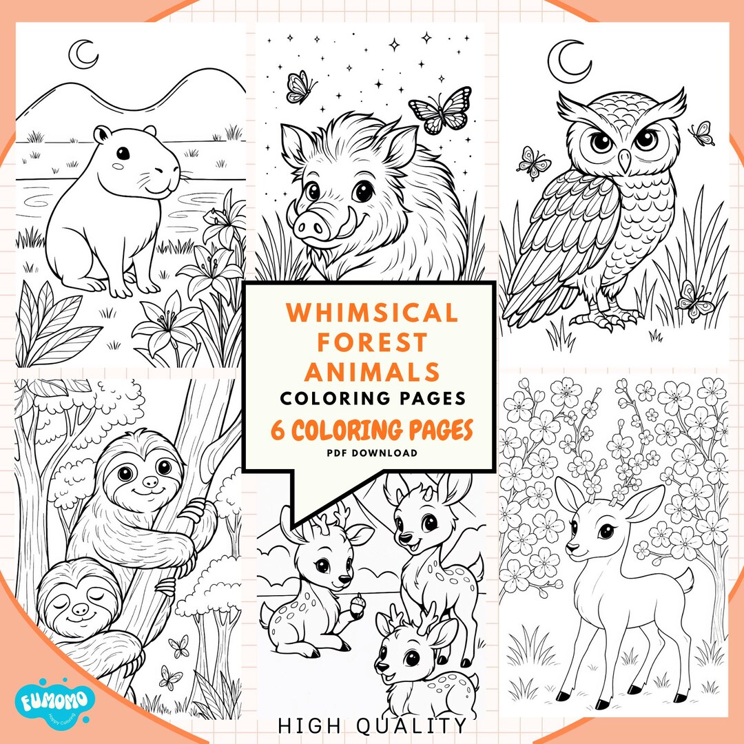 Whimsical Forest Animals Coloring Pages | Deer, Sloth, Leopard, Boar ...