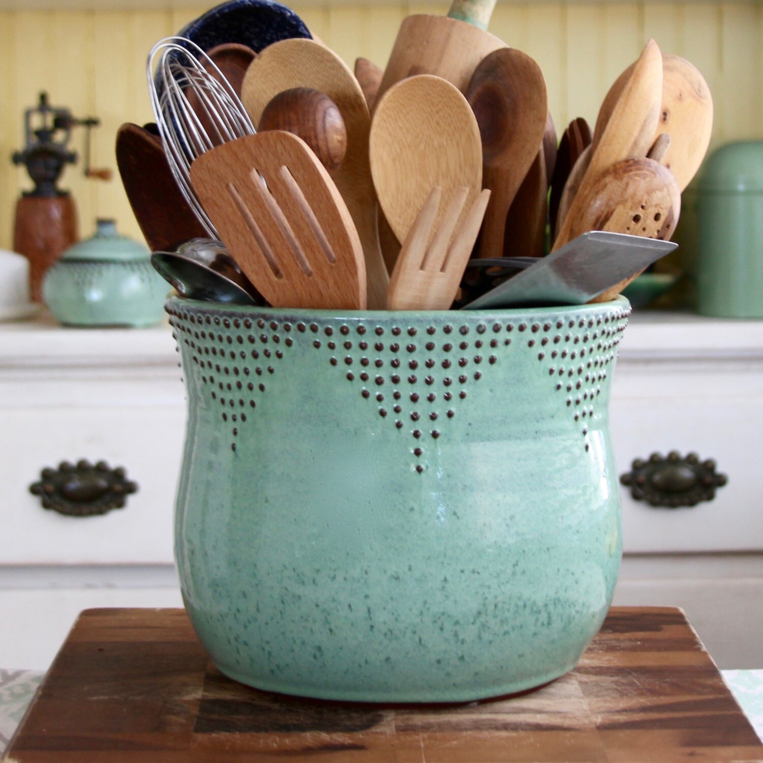 Jumbo Utensil Holder - Aqua Mist - Crock - Flower Pot - Kitchen Decor ...