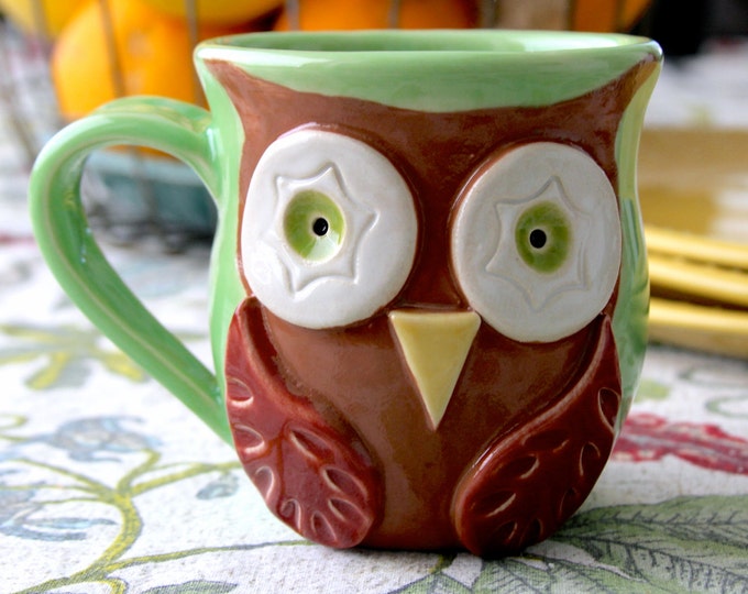Mr. Owl Ceramic Mug Retro Apple Green Brown Owl Original OOAK Design ...