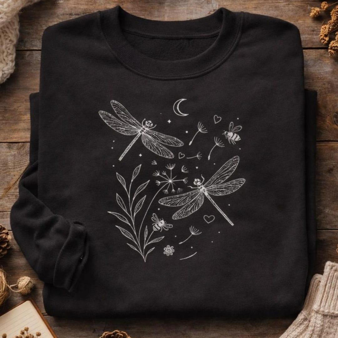 Dragonfly Line Art Sweatshirt Cozy Nature Inspired Crewneck With Moon ...