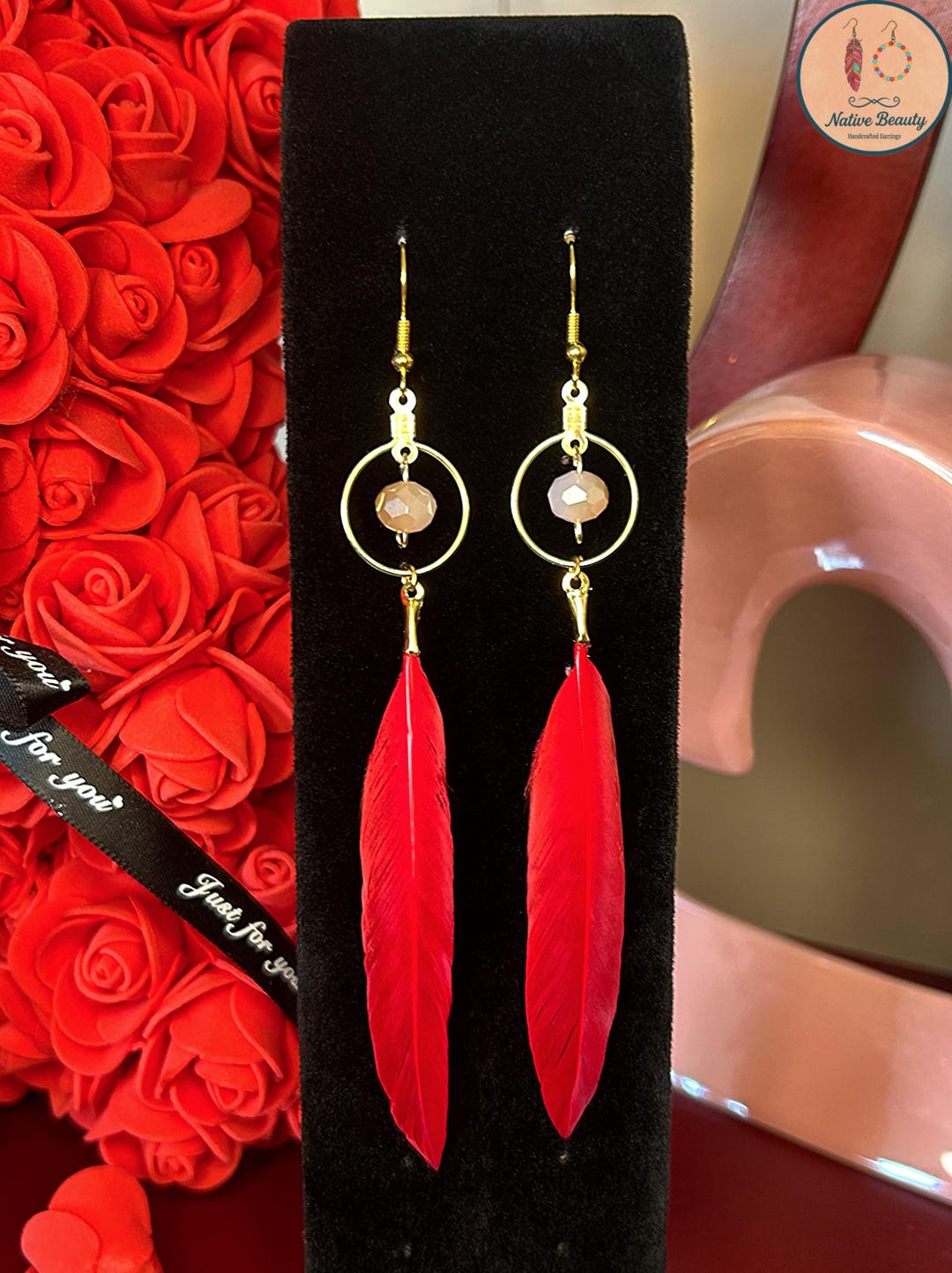 Red Feather Earrings, Gold Hoops - Etsy