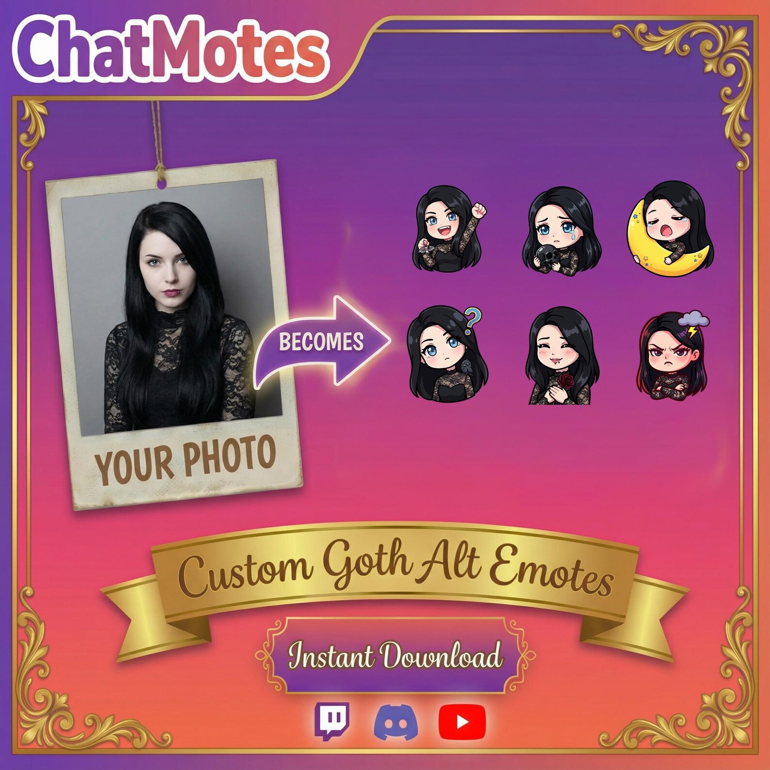 Custom Goth Alt Emotes 10pc - Personalized Chibi Dark Emote Pack Twitch ...