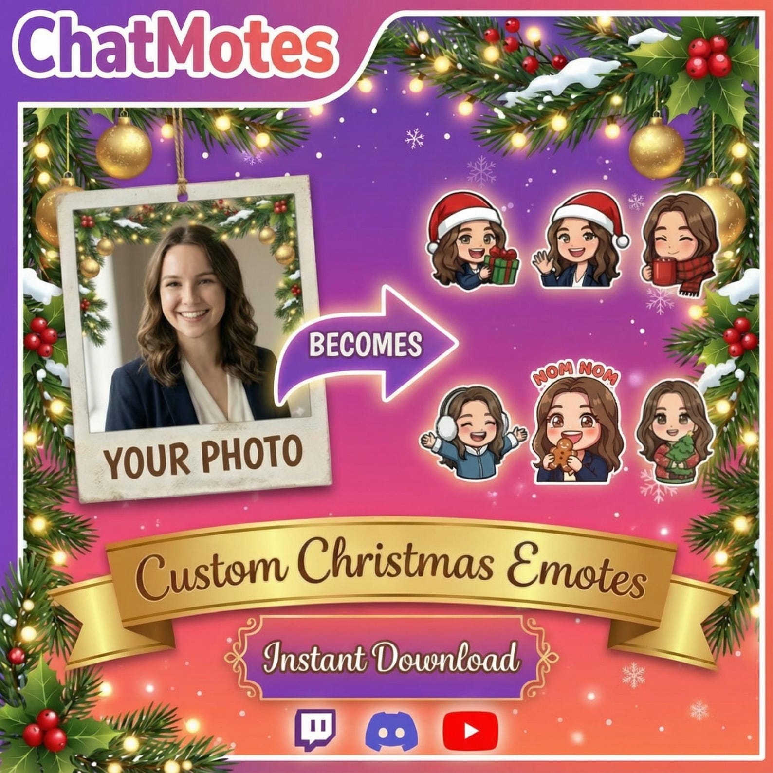 Emotes de Noël personnalisés, 10 émoticônes personnalisées Kawaii Chibi ...