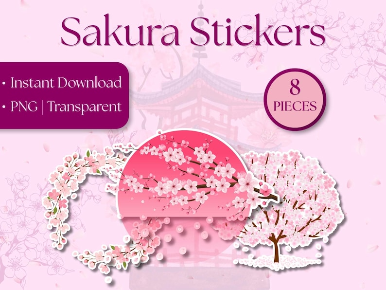Sakura Cherry Blossom Stickers PNG | Floral Clipart Bundle (digital ...