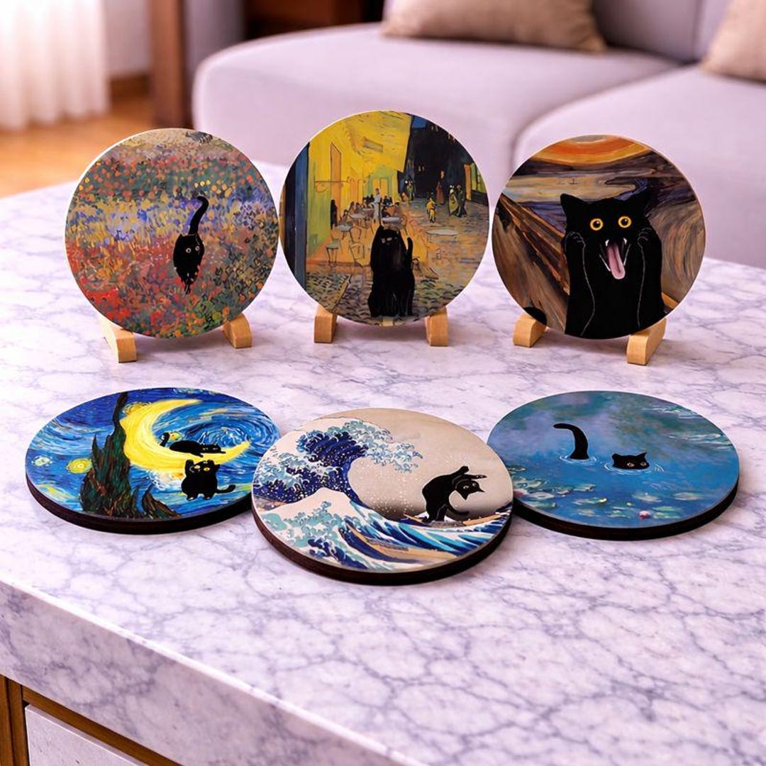Cute Wooden Cat Coasters (set of 6) | Cartoon Animal Cup Mats | Heat ...