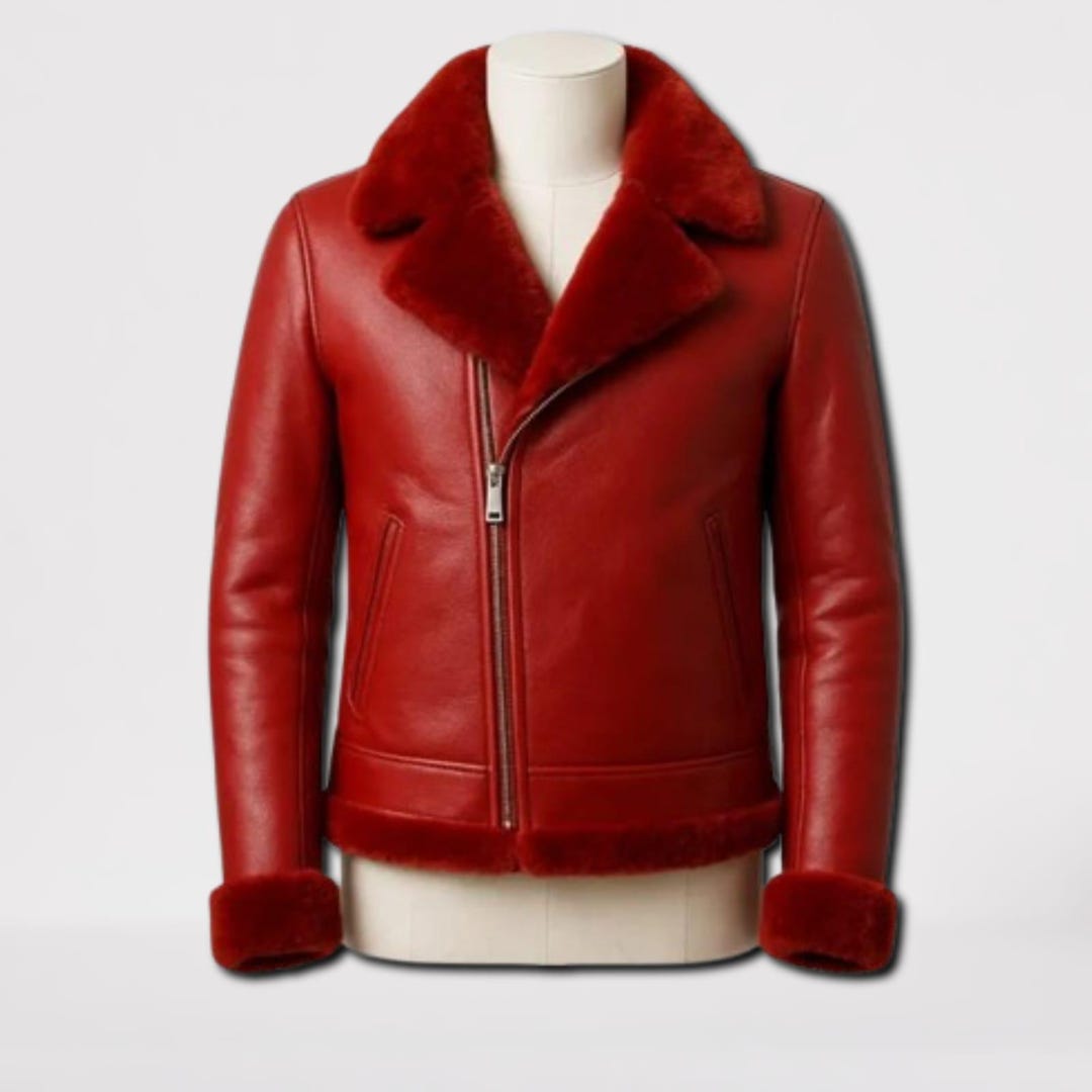 Men's Red Shearling Jacket | Real Leather Winter Coat | Sheepskin ...
