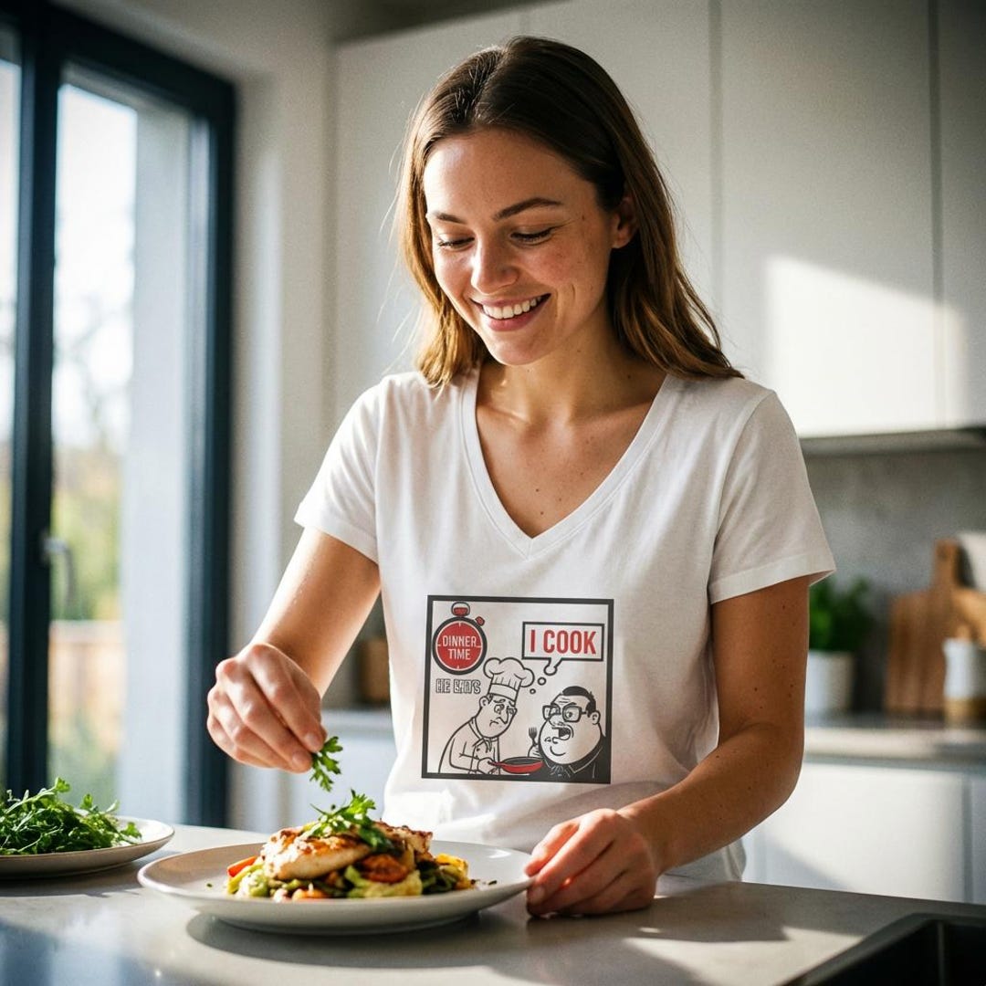 Women's Relaxed V-neck Tee Funny Cooking Humor I Cook He Eats Dinner ...