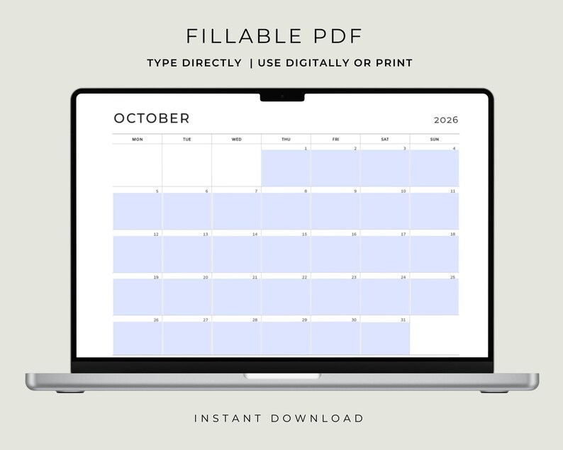 Printable Monthly Planner Calendar | Fillable PDF, Minimal Monthly ...