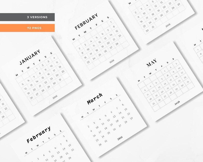2026 Mini Calendar Stickers, Digital & Printable PNG Bundle, 72 ...
