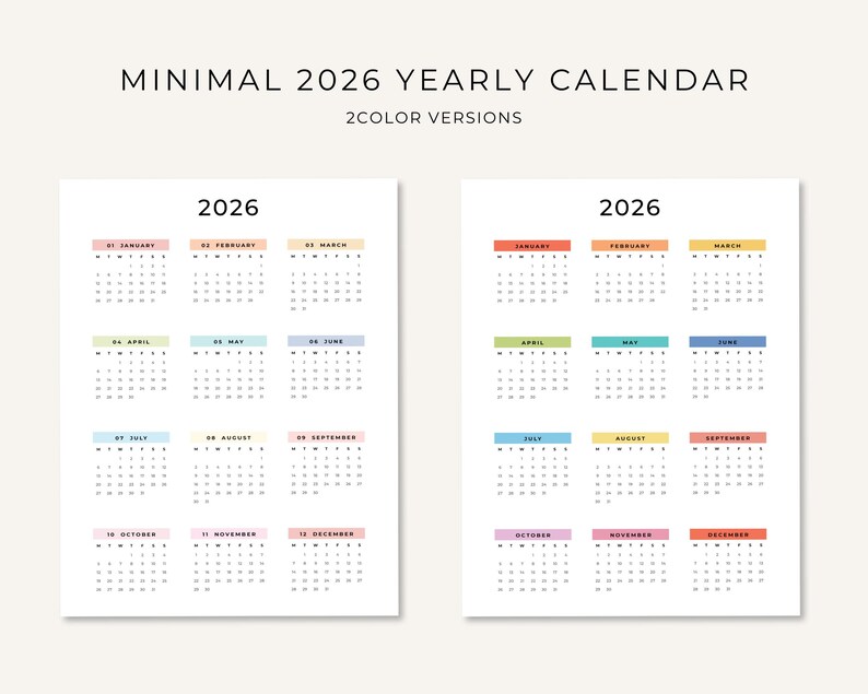 2026 Minimalist Calendar Printable, 2 Color Options, A3 A4 Letter Sizes ...