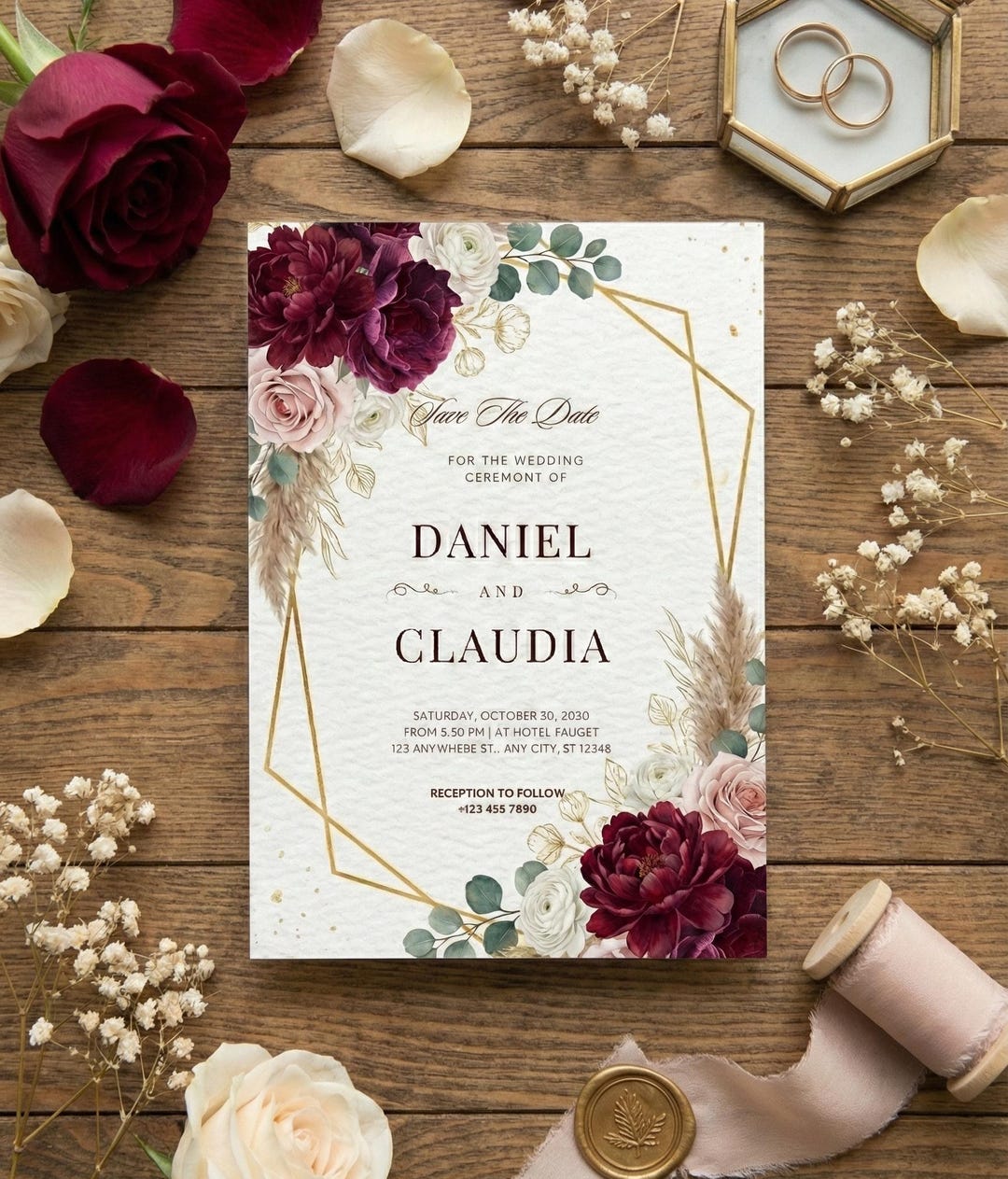 Wedding Invitation Template - Editable Burgundy Floral Invite for Boho ...