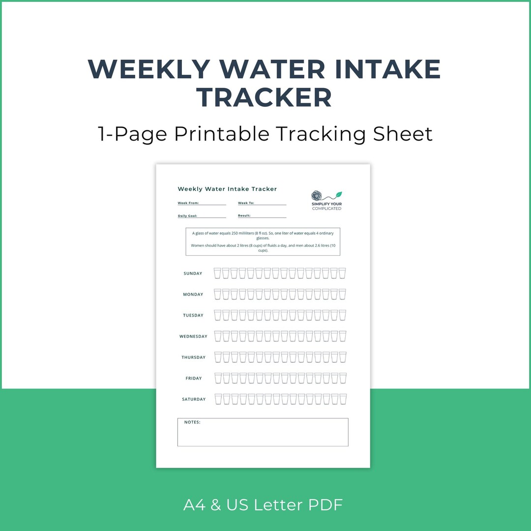 Weekly Water Intake Tracker Printable • Hydration Log • A4 and US ...
