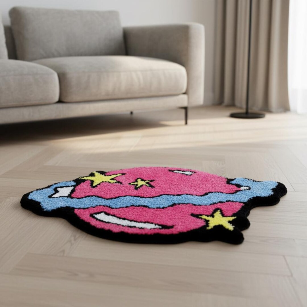 Tufted Pink Planet Rug, Cute Space Theme Non-slip Mat for Kids Room ...