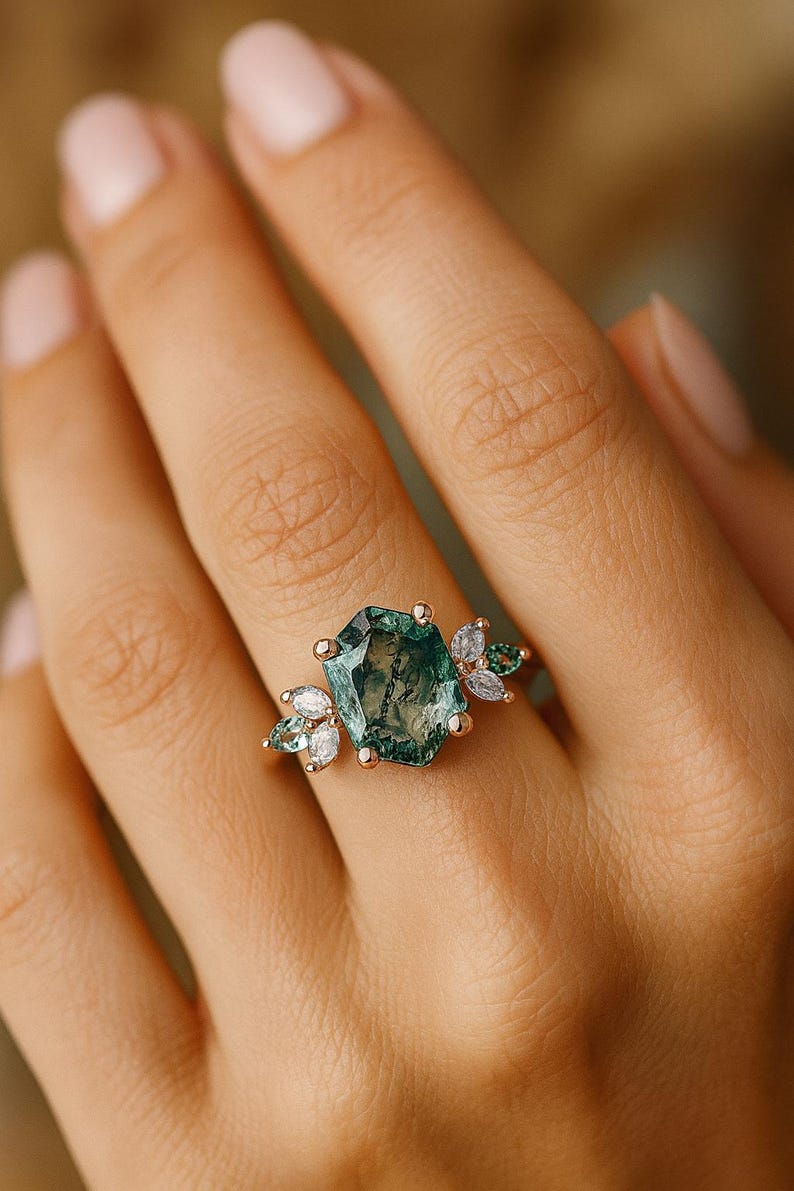 Moss Agate Hexagon Ring • Green Agate Gold Ring • Floral Cluster Ring ...