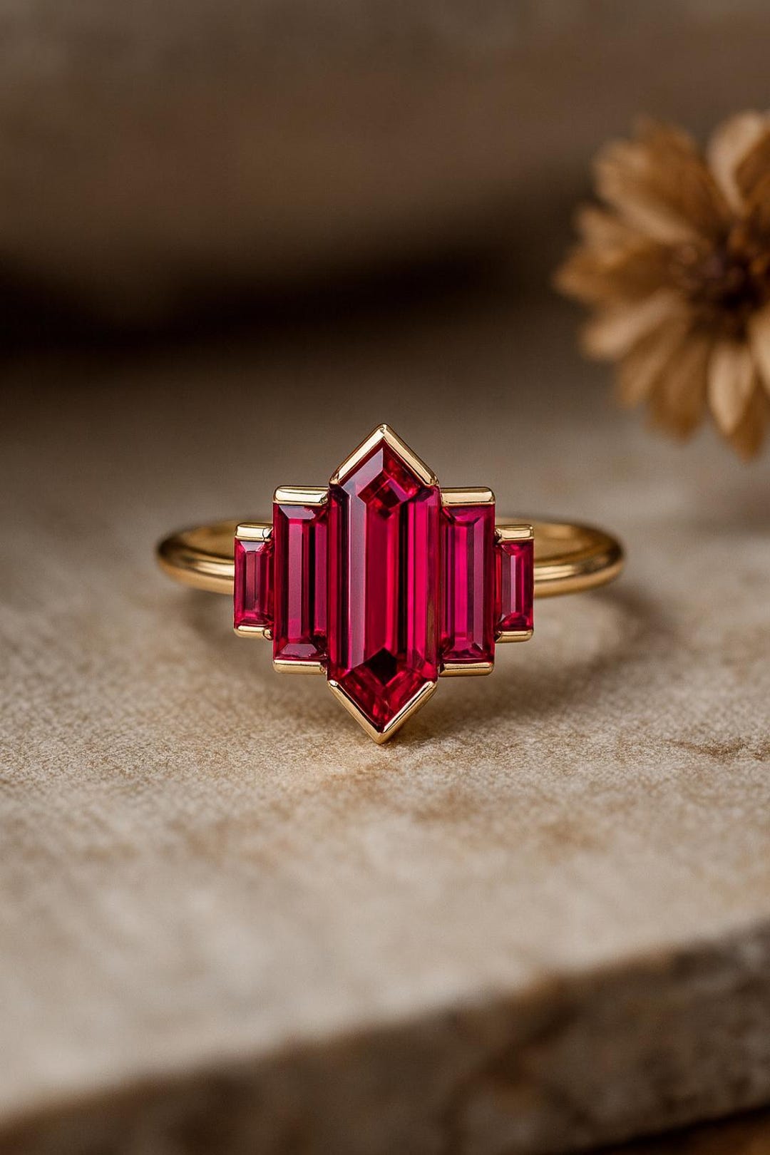 Red Ruby Art Deco Ring, Hexagon Emerald Cut Ruby Ring, Gold Vintage ...