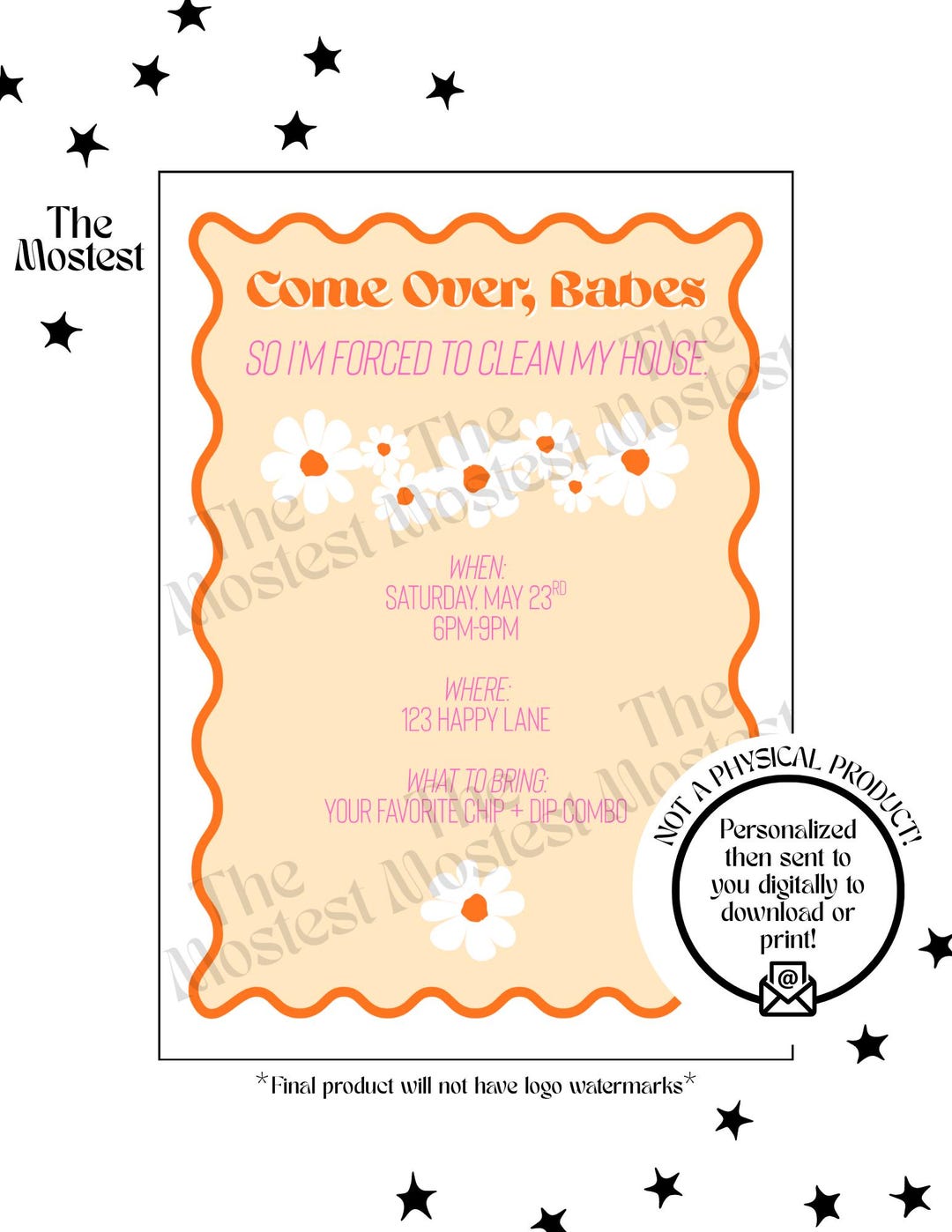 Funny Girl's Night Hang Out Just Because Invite | Wavy Retro Daisy ...