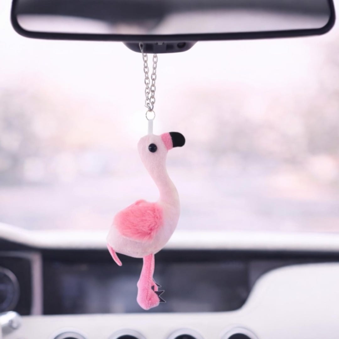 Pink Flamingo Car Charm | Rear View Mirror Hanging Decor | Cute Plush ...