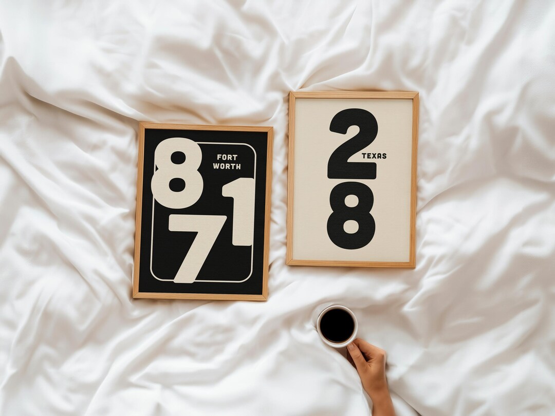 Fort Worth 817 Area Code - Texas State Number 28 Poster Set - Black and ...