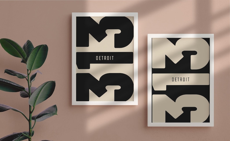 Detroit Michigan 313 Area Code Print Set, Minimalist Black and Beige ...