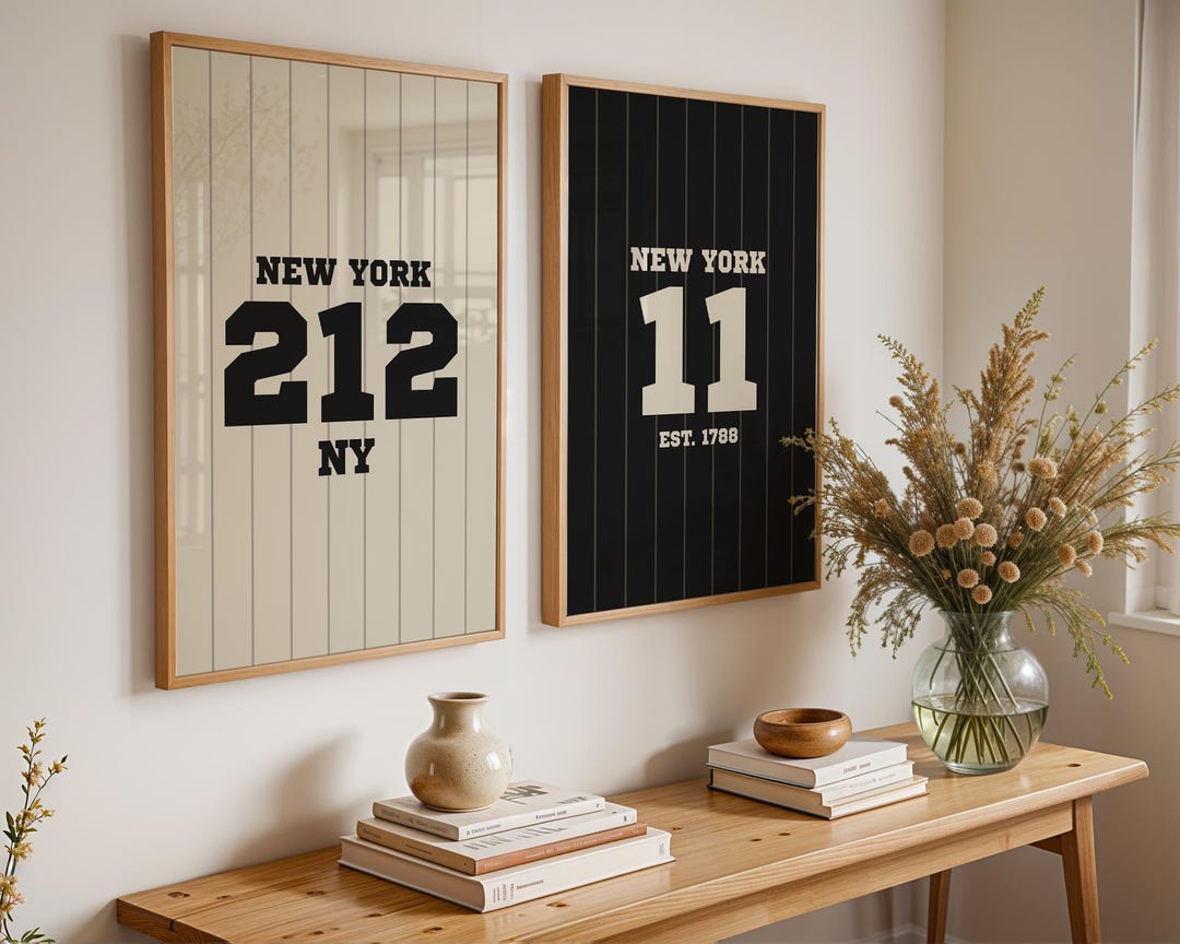 New York 212 NY Area Code Print Set – Baseball Theme Black & White ...