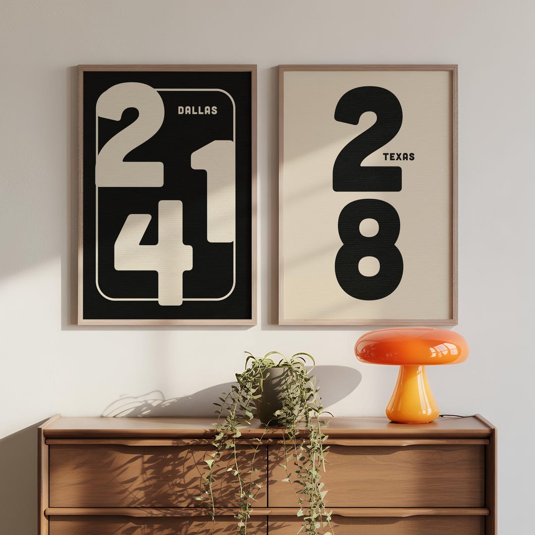 Dallas 214 Area Code - Texas State Number 28 Poster Set - Black and ...