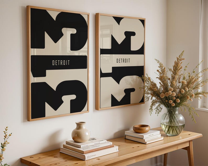 Detroit Michigan 313 Area Code Print Set, Minimalist Black and Beige ...
