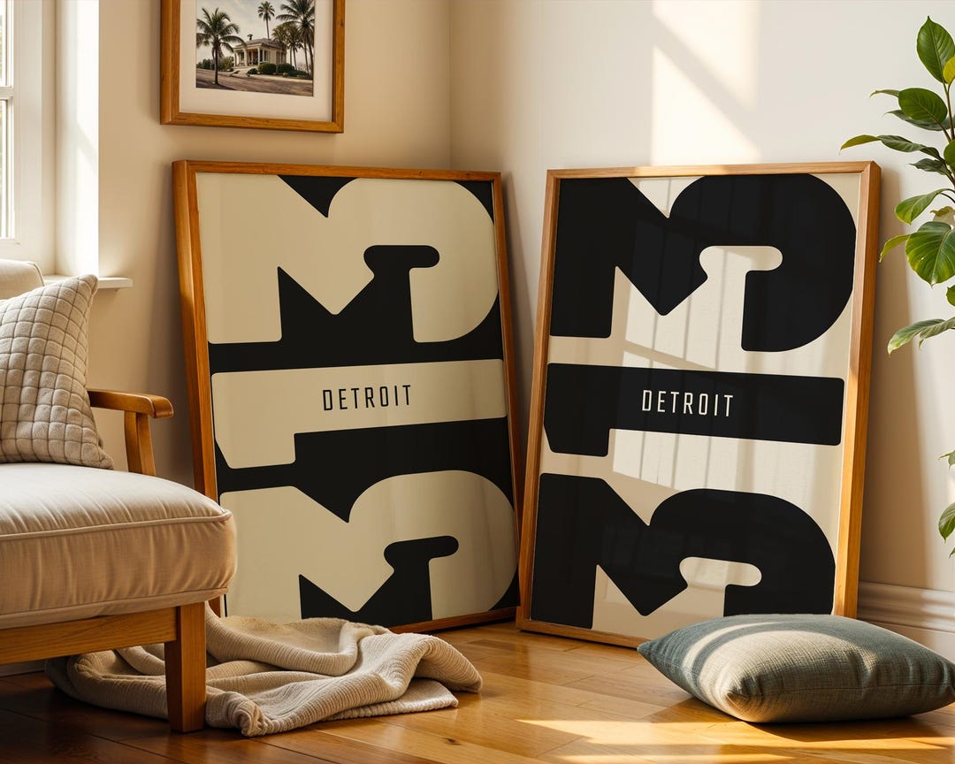 Detroit Michigan 313 Area Code Print Set, Minimalist Black and Beige ...