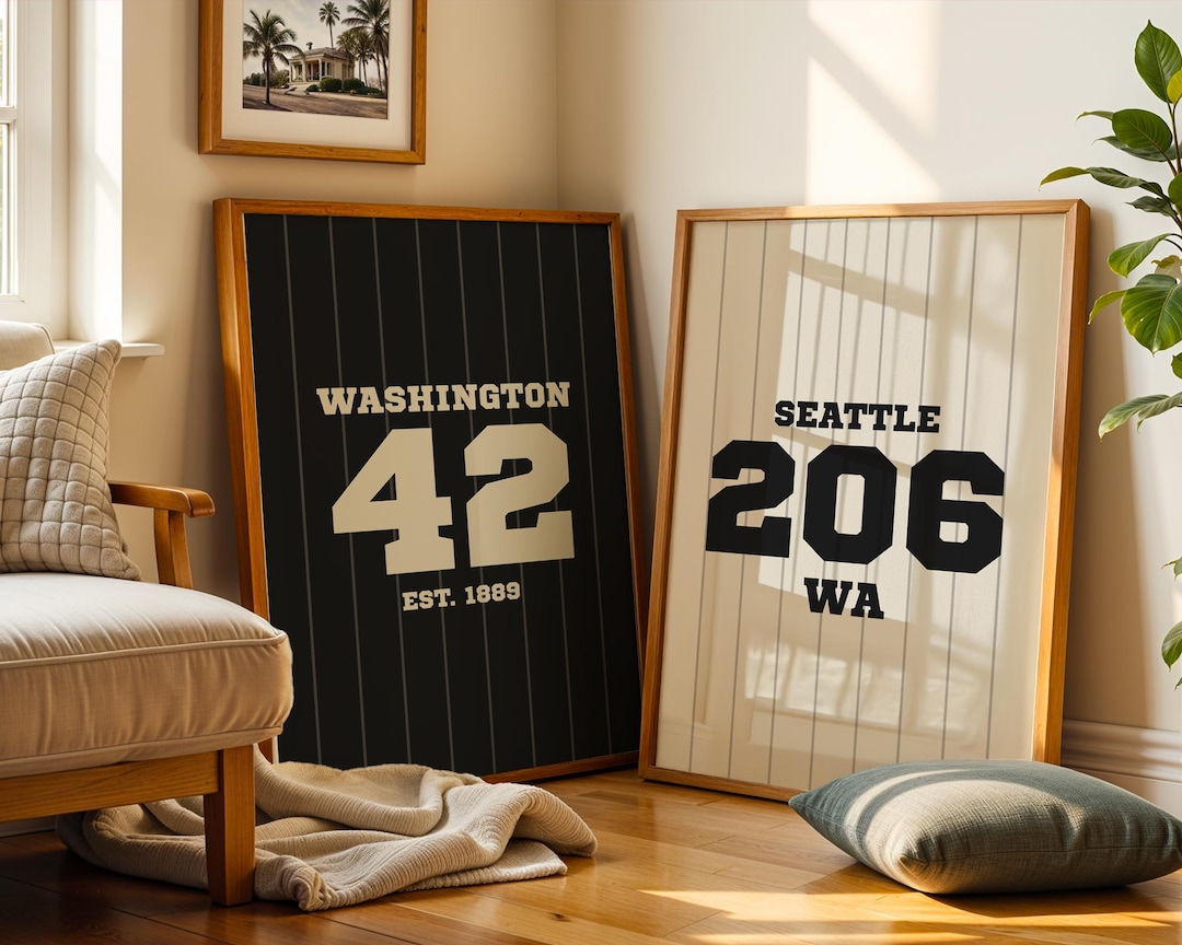 Seattle 206 WA Area Code Print Set – Baseball Theme Black & White ...