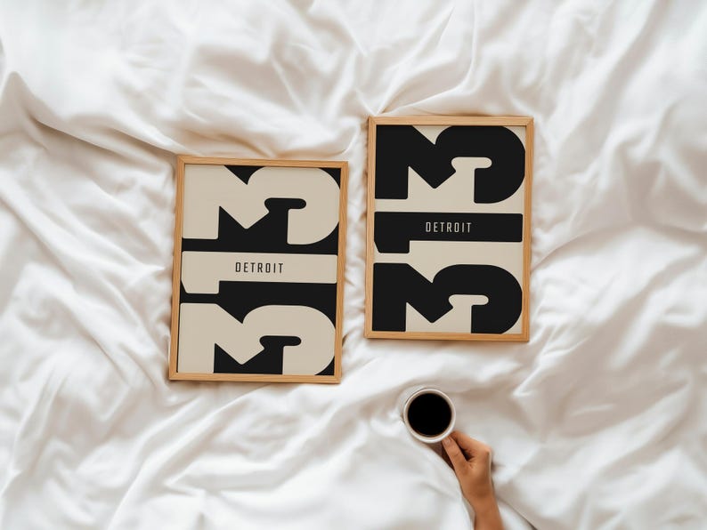 Detroit Michigan 313 Area Code Print Set, Minimalist Black and Beige ...