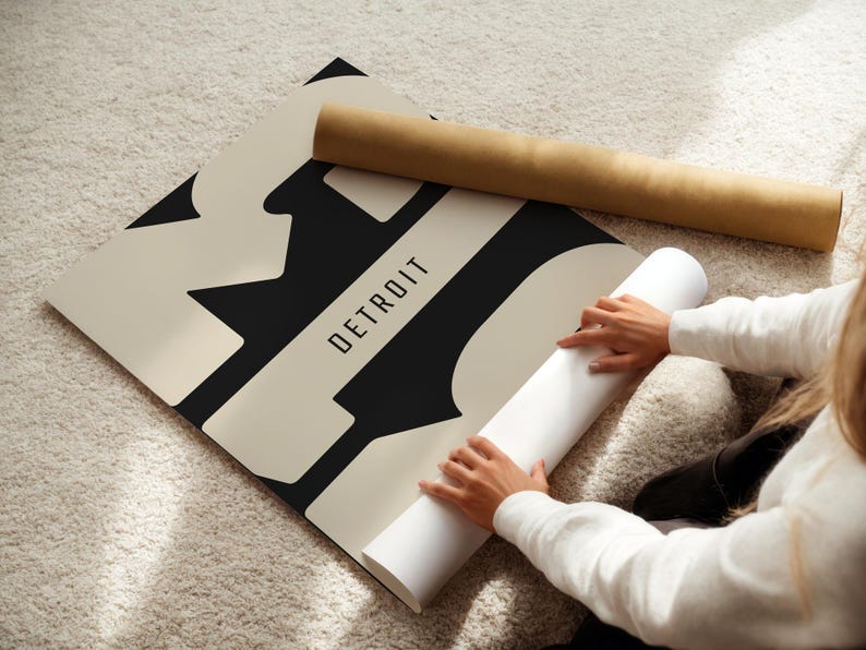 Detroit Michigan 313 Area Code Print Set, Minimalist Black and Beige ...