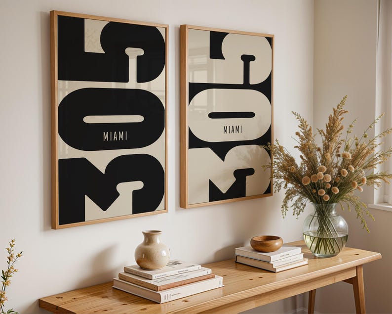 Miami 305 Area Code Poster Set, Minimalist Black Beige Wall Art - Etsy