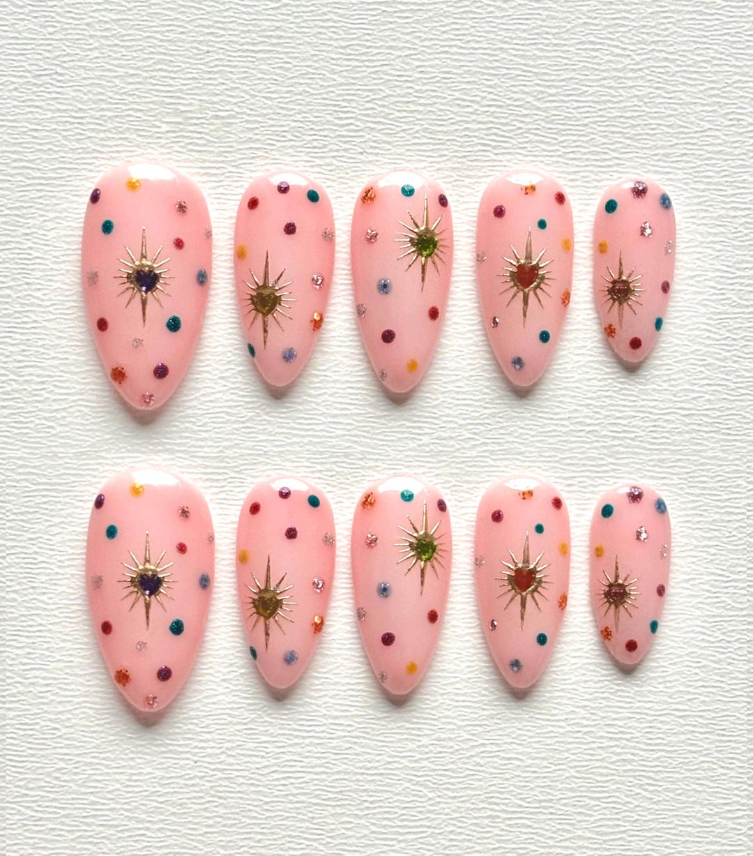 Detailed Gold Starburst Press on Nails | Pink Polka Dot False Nails - Etsy