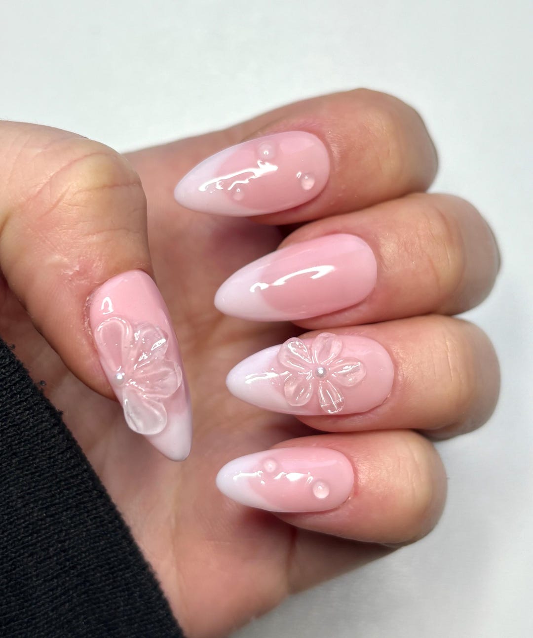 Neutral Press on Nails Set: 3D Flower, Water Droplets, Milky French ...