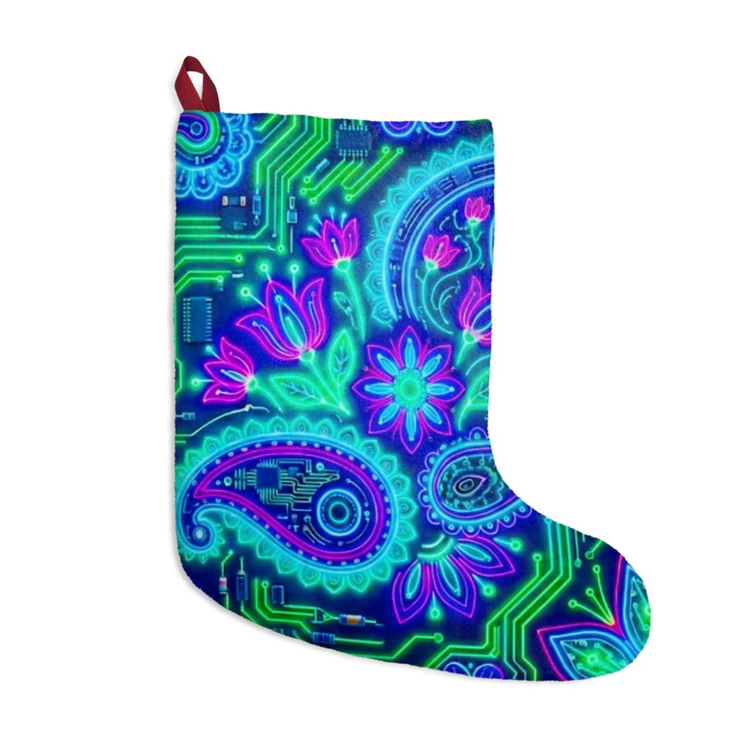 Neon Paisley Circuit Christmas Stocking | Tech Floral Holiday Stocking ...