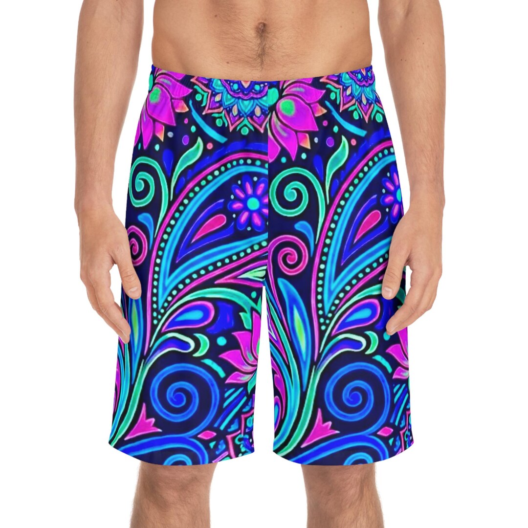 Neon Floral Paisley Men's Board Shorts | Psychedelic Surf Swim Trunks ...
