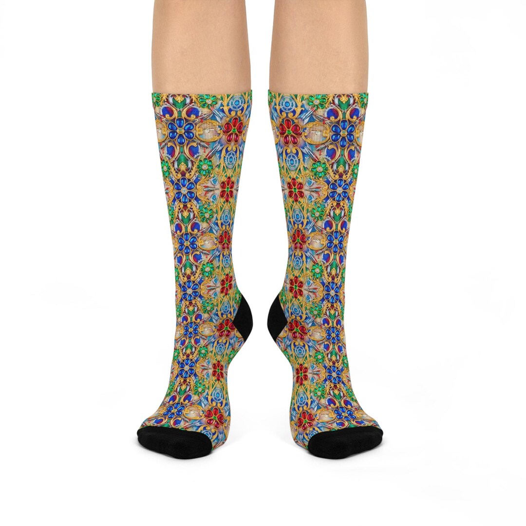Colorful Floral Mosaic Cushioned Crew Socks | Kaleidoscope Pattern - Etsy